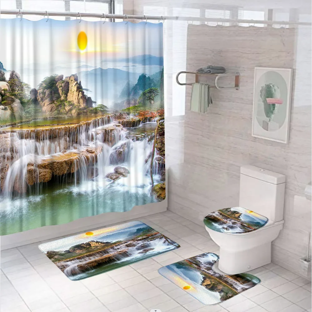 4Pcs-Mountains-Trees-Waterfall-Scenery-Shower-Curtain-Set-with-Bath-Mat ...
