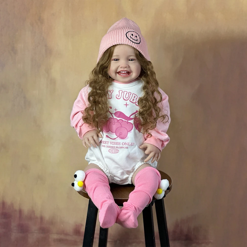24 inch Bebe Reborn de Silicone Sólido Molinho Long Curl Hair Dull Ciano Silicone Full Body ...