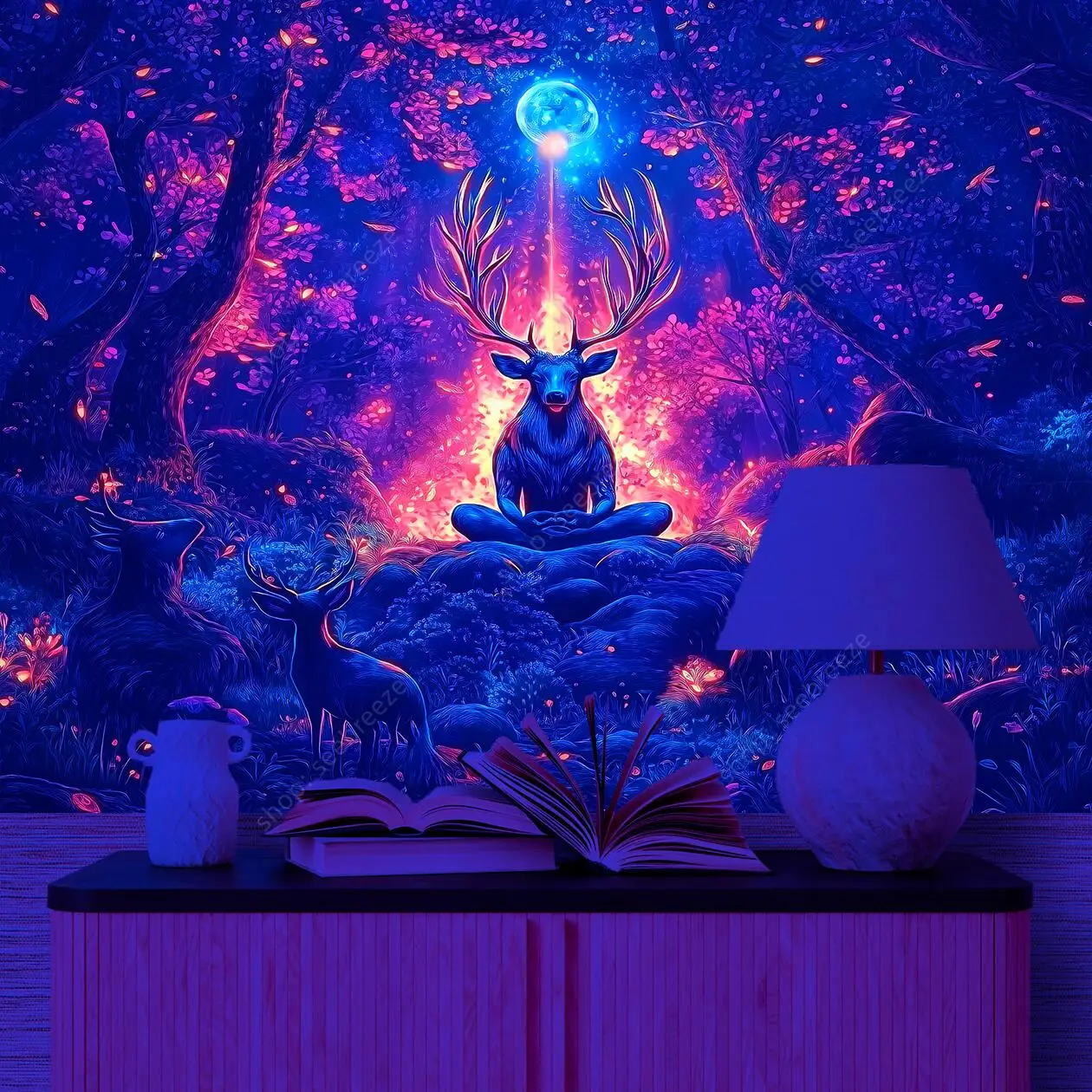 Enchanted Forest Mystical Deer UV Reactive Tapestry Vibrant Colors Wall ...