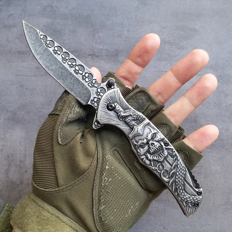 3D-Skull-Forged-Tactical-Folding-Knife-Stone-Wash-Finish-Stainless ...