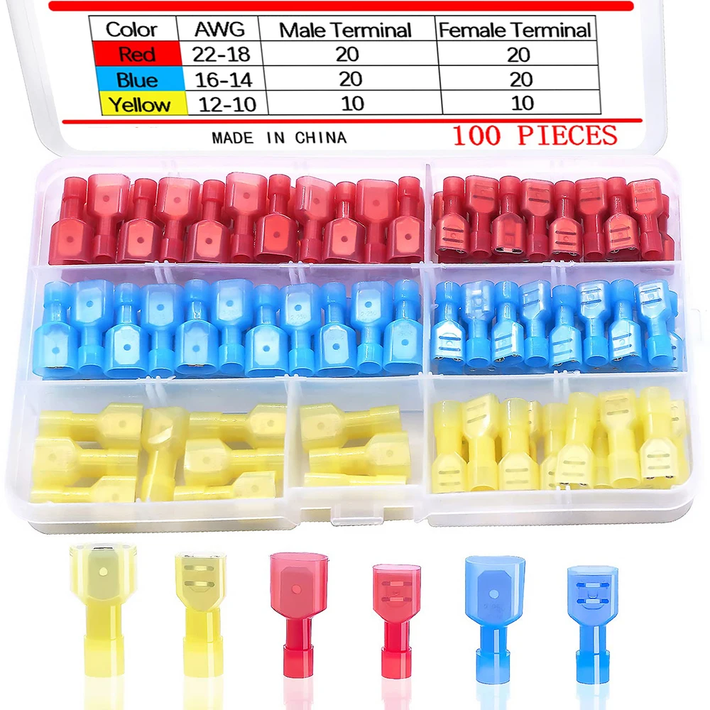 100PCS-Nylon-Spade-Connectors-Kit22-10-Gauge-Quick-Disconnect-Fully ...