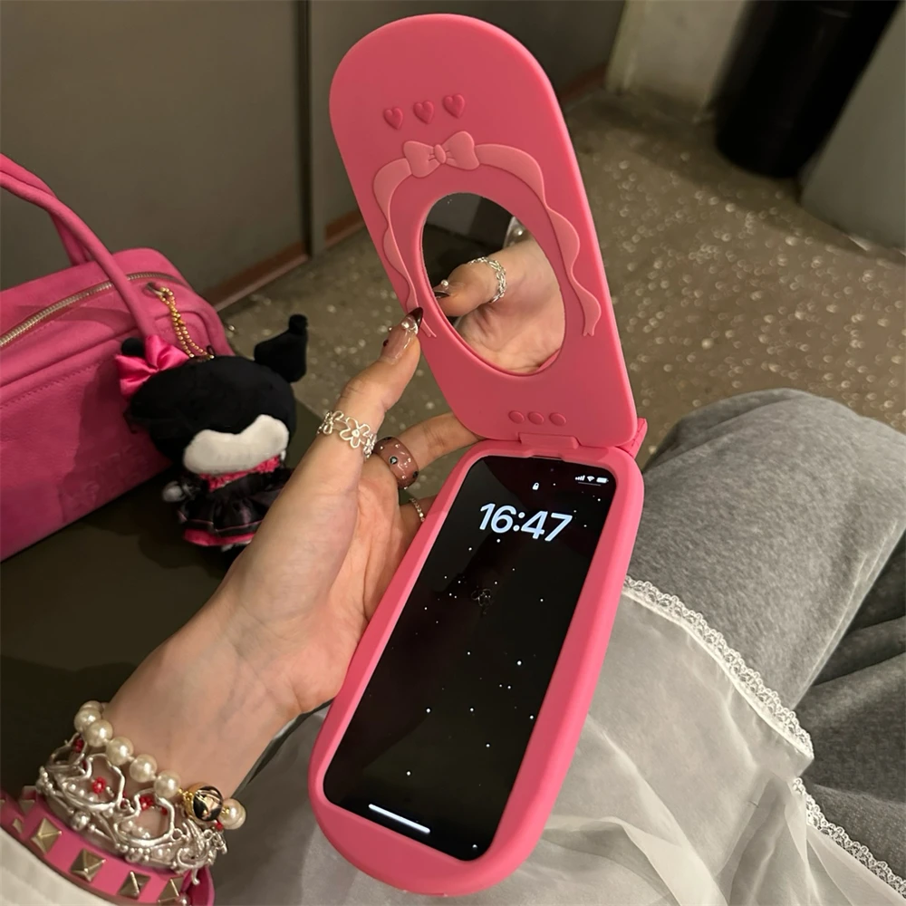 Cute-3D-Hot-Pink-Bow-Cellphone-Model-Flip-Mirror-Silicone-Case-For ...
