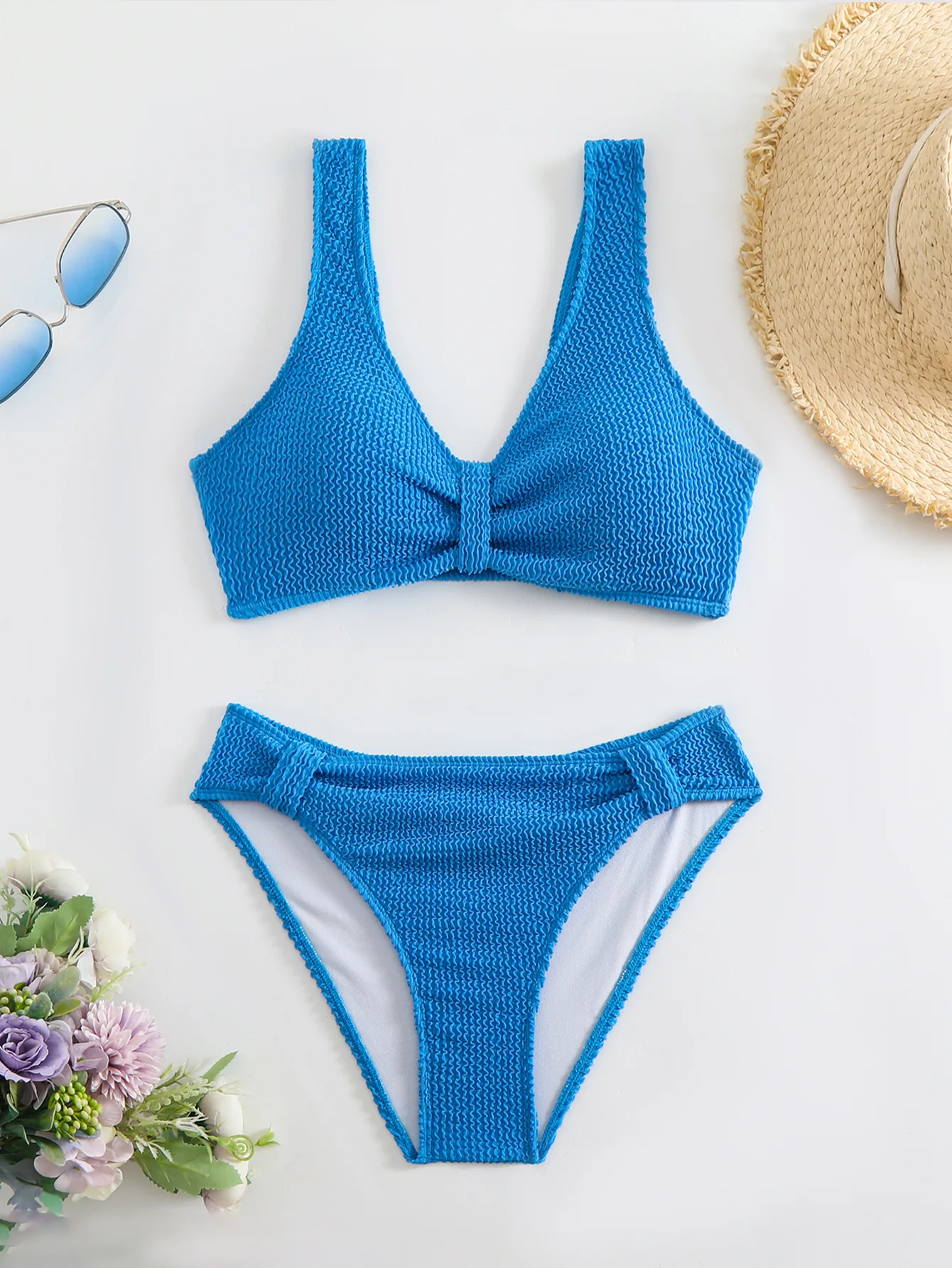 2025 Summer New Women's 2 Piece Swimsuit Solid Color High Waist Bikini ...