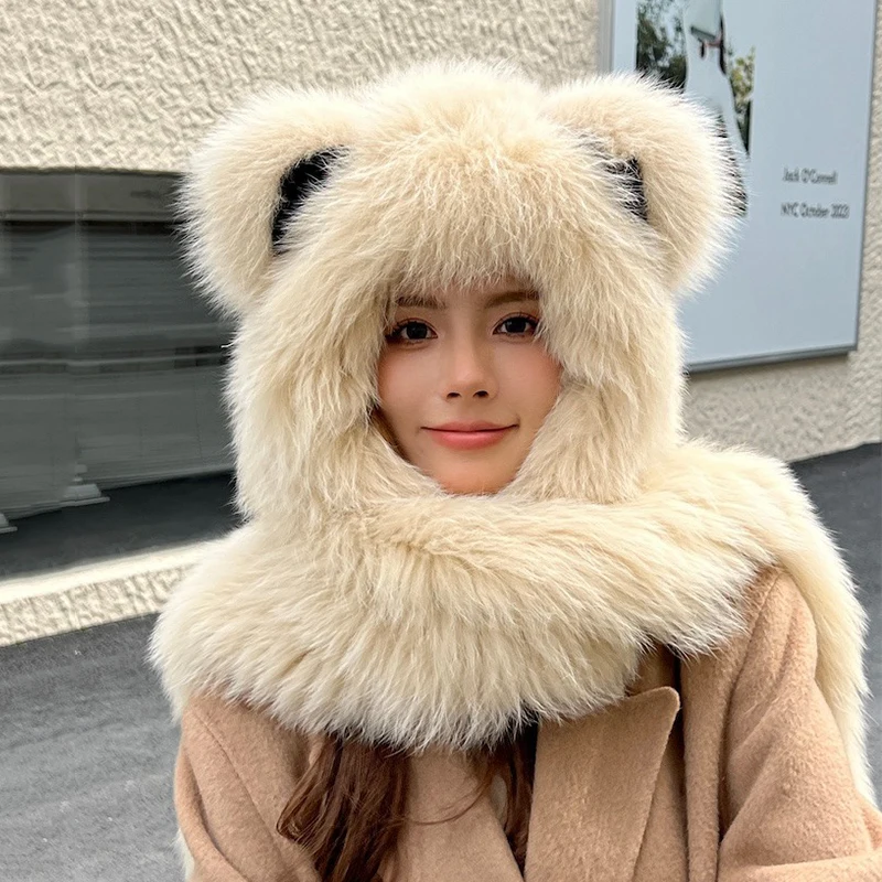 Fox-Fur-Teddy-Bear-Hat-Scarf-Integrated-Fur-Wind-and-Snow-Hat-Women-s ...