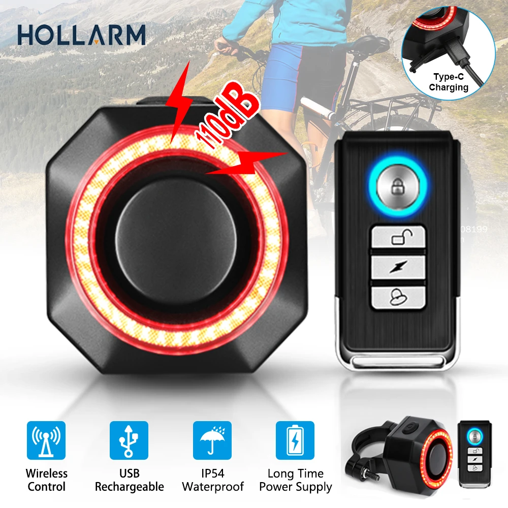 Hollarm Bike Alarm Taillight Anti Theft Burglar USB Charge Bicycle ...