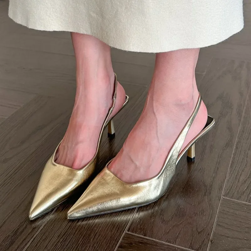 Nuevas sandalias de Mujer con punta estrecha, Zapatos de vestir dorados ...
