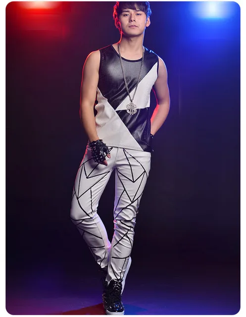 Black Men's Dance Costume Nightclub Bar Male Singer Stage Leather ...