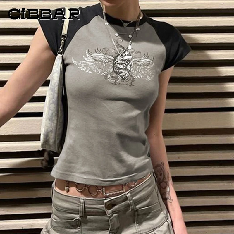 CIBBAR-Harajuku-Graphic-Crop-Top-Stitched-Short-Sleeve-Vintage-Print-T ...