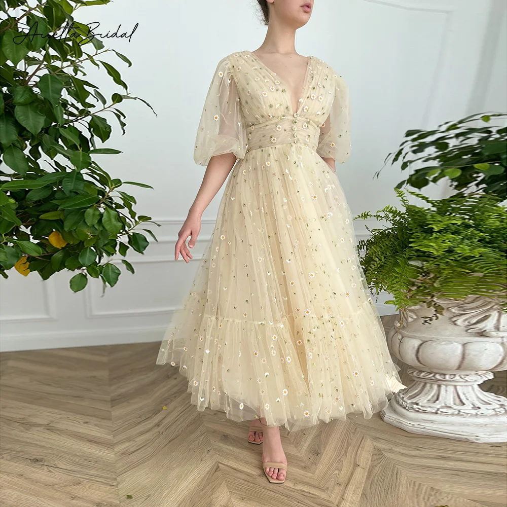 Arietta Beige Floral Embroidery Tulle Midi Prom Dresses Deep V Neck ...