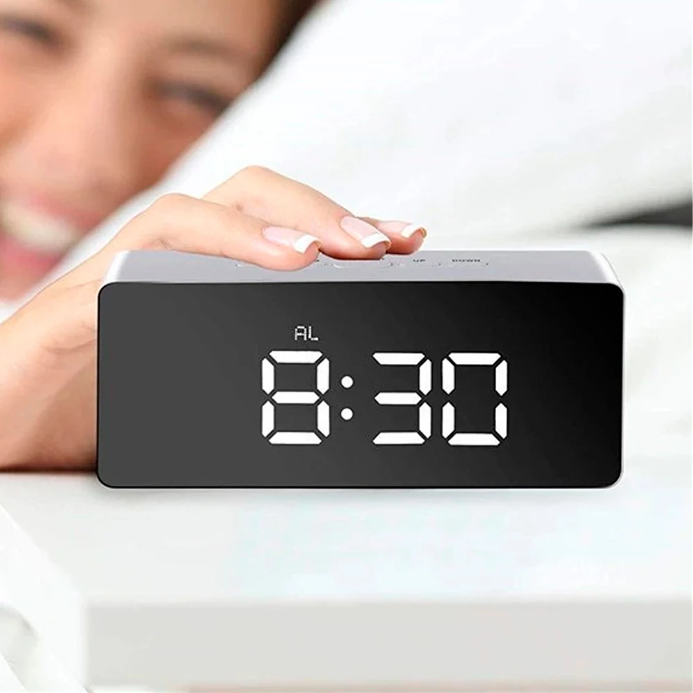 1Pc White Digital Clock LED Mirror Table Clock Snooze Display Time ...