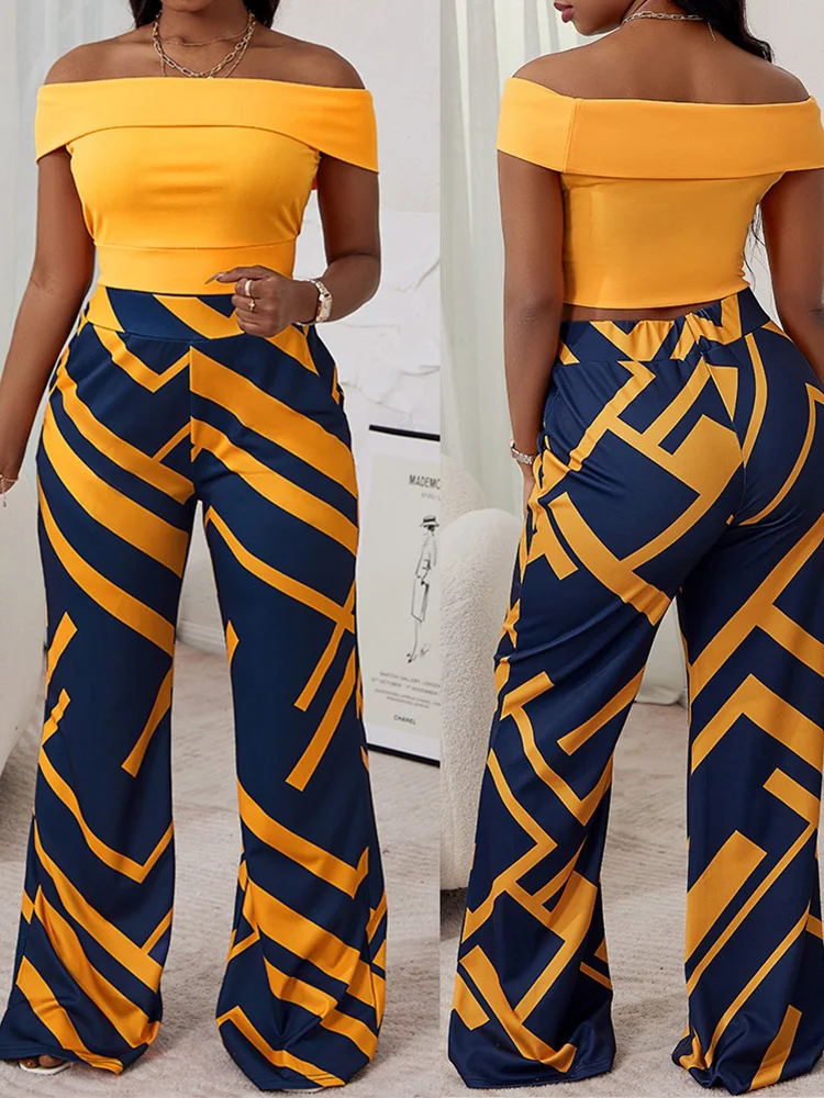 2022 New Two Piece Sets Womens Geometric prin Off Shoulder Short Sleeve ...