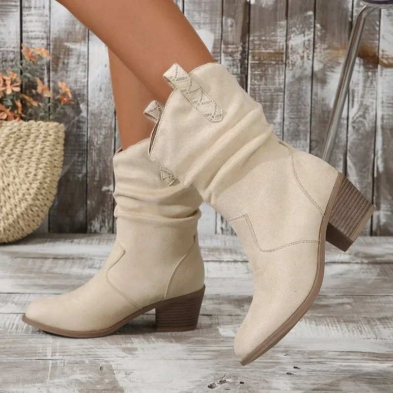 Botas-de-cuero-con-cabeza-redonda-para-mujer-botines-de-manga-media-y ...