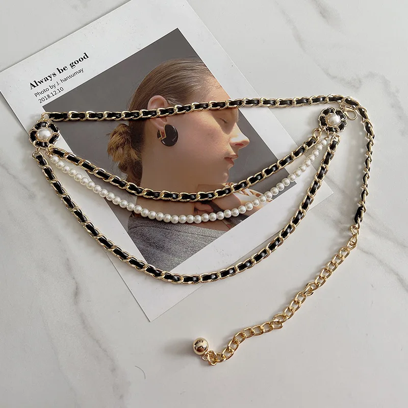 Women Gold Silver Chain Belts Pearl Layered Belt Lady