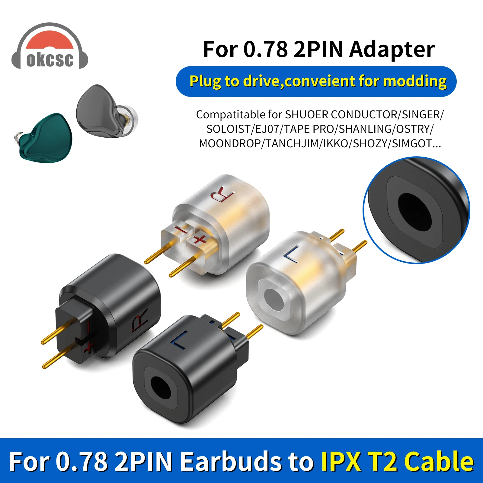 OKCSC IPX T2 Female 0.78 2 Pin Male Earphone Adapter to Earphones ...