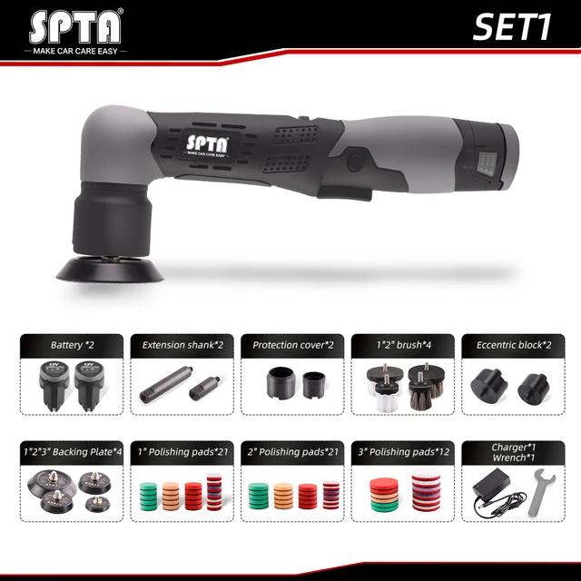 SPTA 무선 미니 자동차 광택기, 스크래치 킬러, 디테일링 RO DA 기계, 1/2/3 인치 패드 액세서리, 배터리 2 개 ...