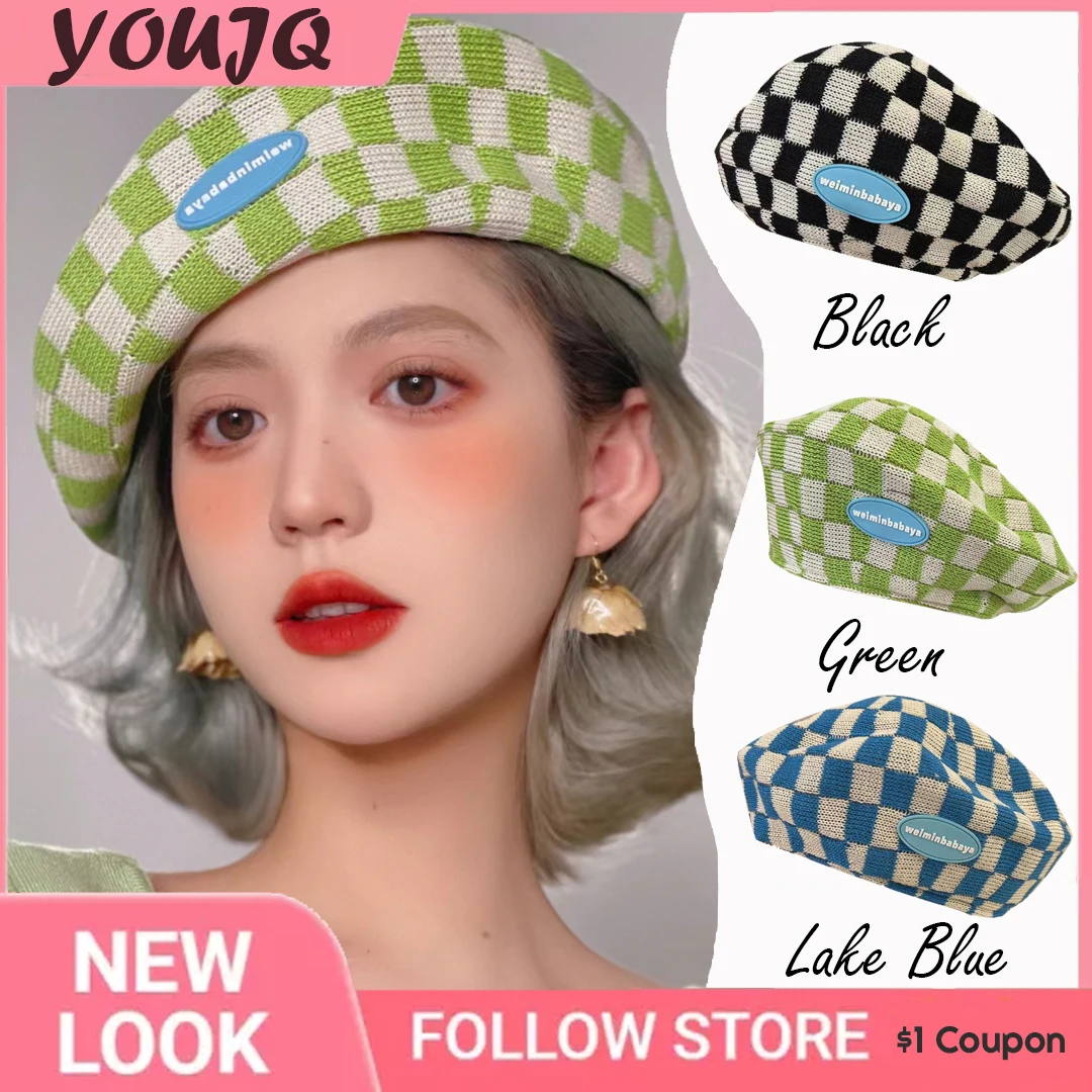 Y2K Millennium Fruit Green Checkerboard Hollow Beret Caps for Women ...
