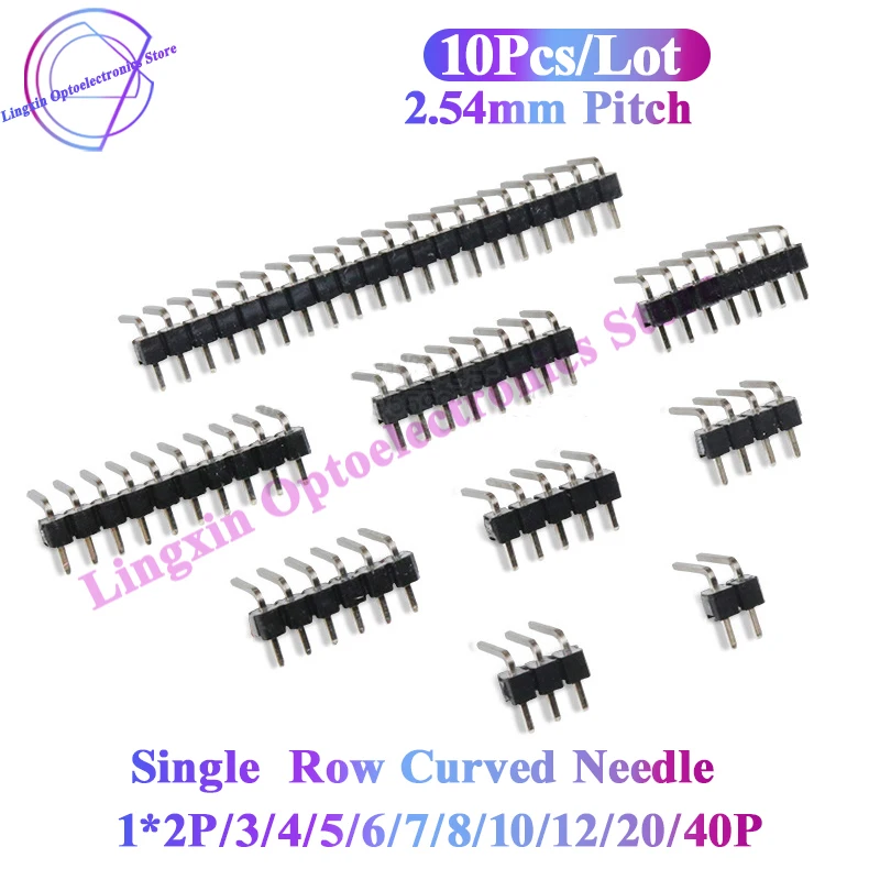 10pcs /Lot 2.54mm Pitch 2.54 Male Single Row Curved Needle 1X2/3/4/5/6 ...