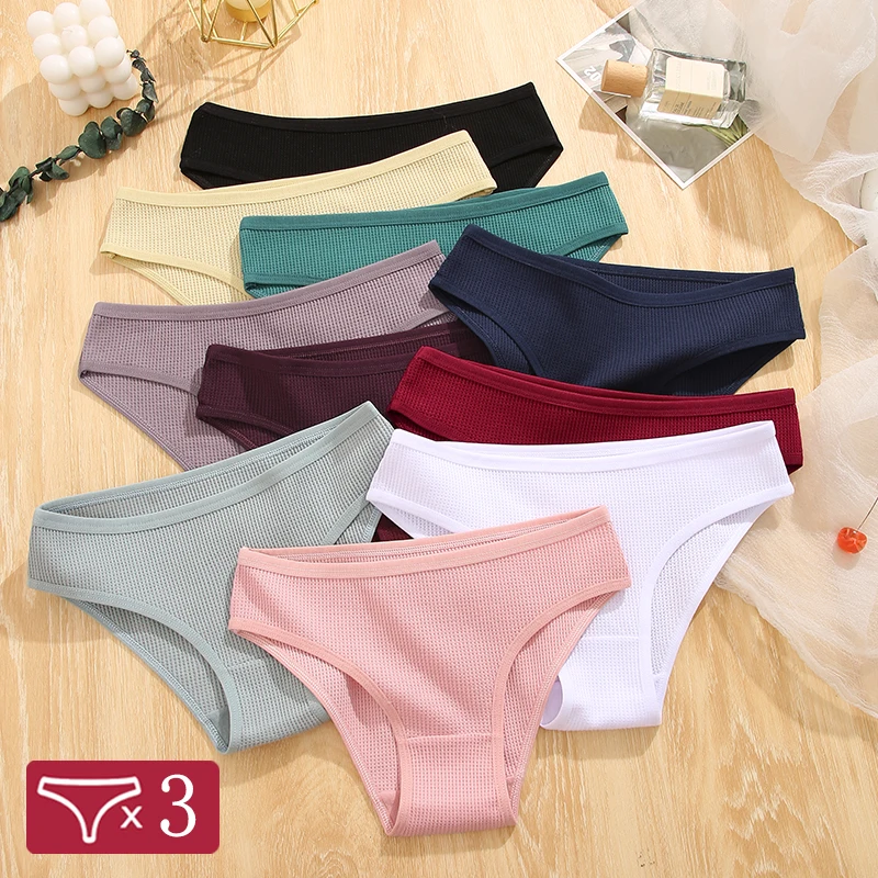 3Pcs/Set Sexy Waffle Plaid Cotton Briefs Women Solid Color Low Waist ...