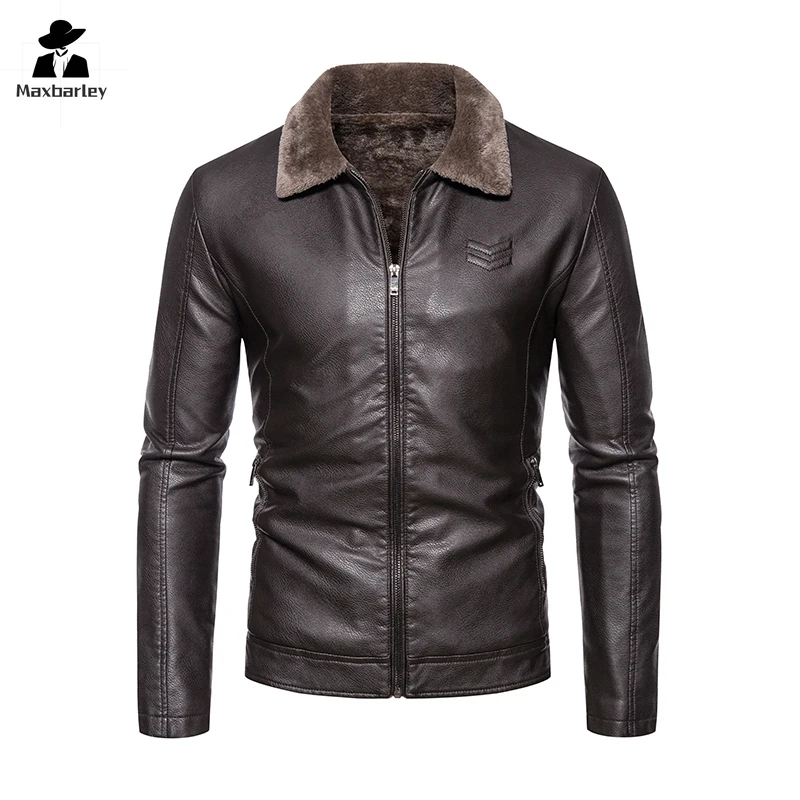 Winter Warm Leather Jacket Men's Luxury Fur Collar Windproof Thick Wool ...