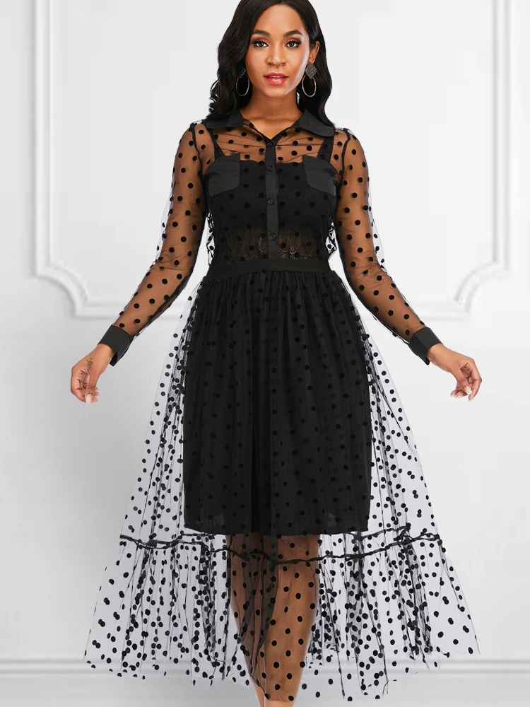 Polka Dot See Through Transparent Shirts Tops Tulle Skirts Women Black ...