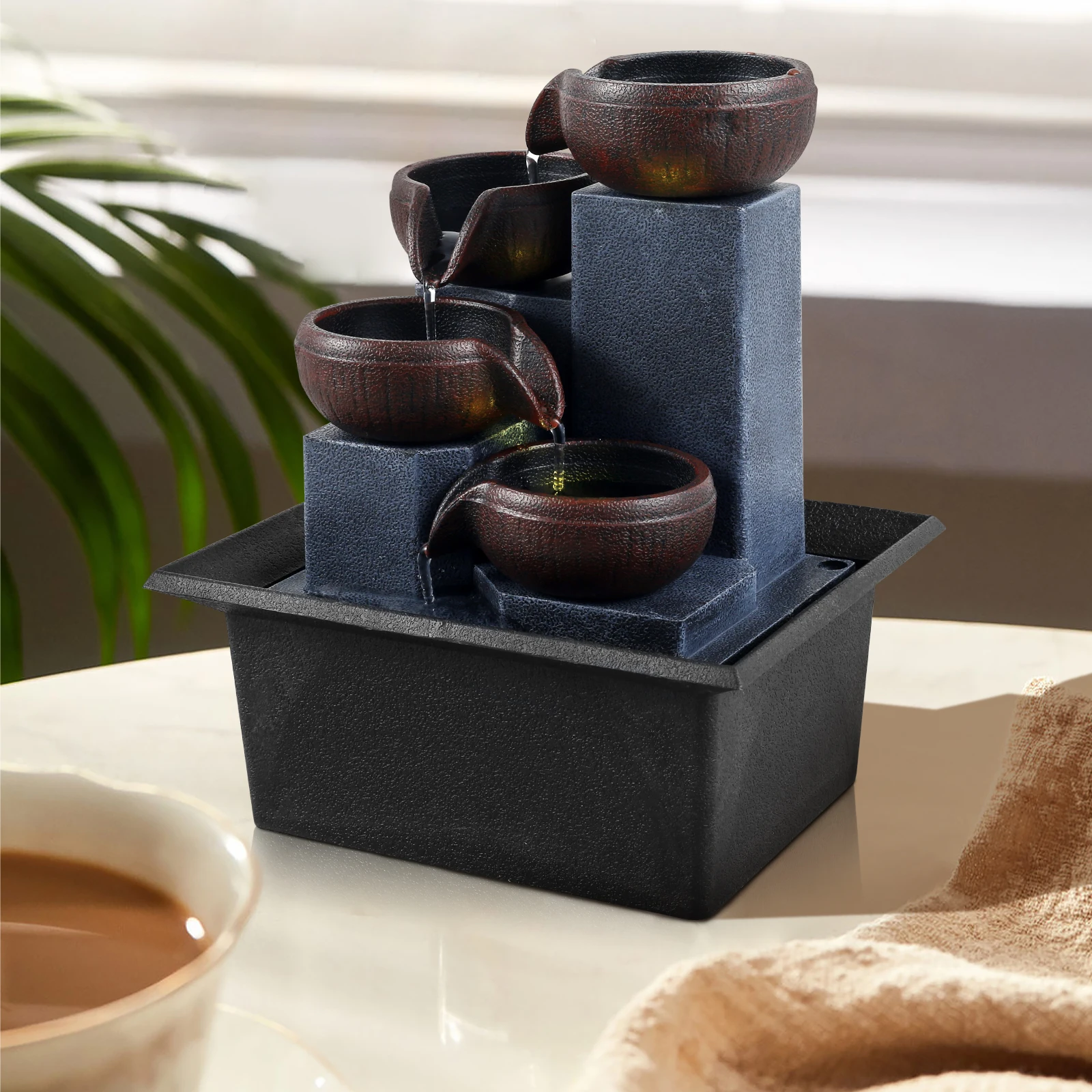 Indoor Tabletop Water Fountain with LED Light 4-Level Desktop Waterfall ...