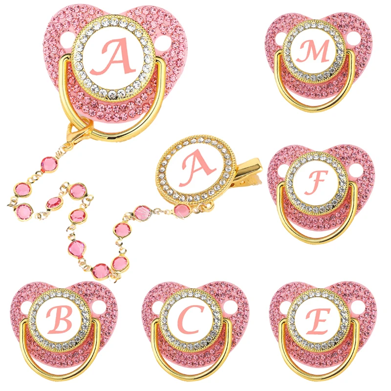 Name-Initial-Baby-Pacifier-Chain-Clips-Pink-Crystal-Newborn-Luxury ...
