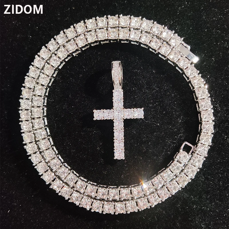 Männer Frauen Hip Hop Kreuz Anhänger Halskette mit 4mm Zirkon Tennis Kette Iced out Bling ...