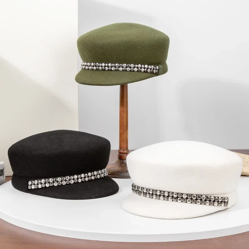 Chic winter Black Winter Warm Wool Cap Baseball Cap with metal buckle ...