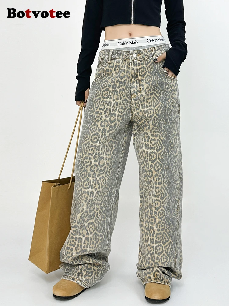 Leopard Print Y2k Jeans for Women Luxury American Retro Streetwear ...