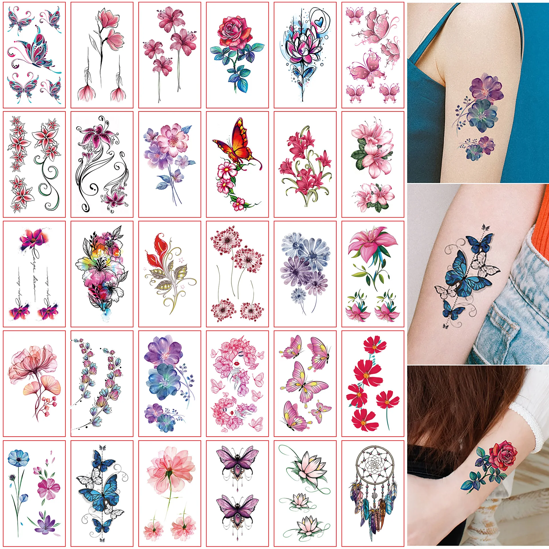 30Sheets Tattoo Stickers, Small Size Pretty Colorful Butterfly & Flower ...