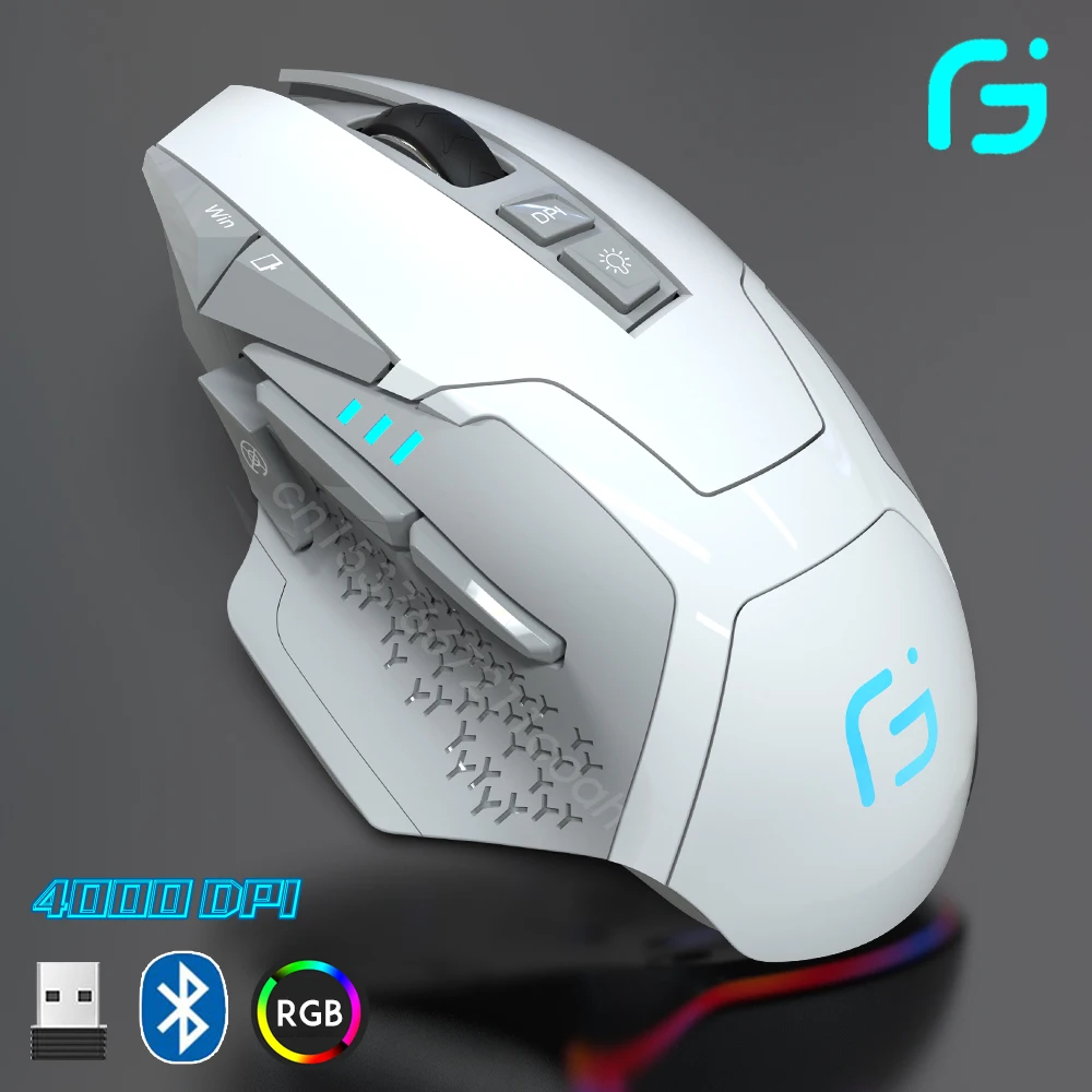 Rato de jogos sem fio bluetooth + 2.4g recarregável silencioso ergonômico computador 4000dpi ...