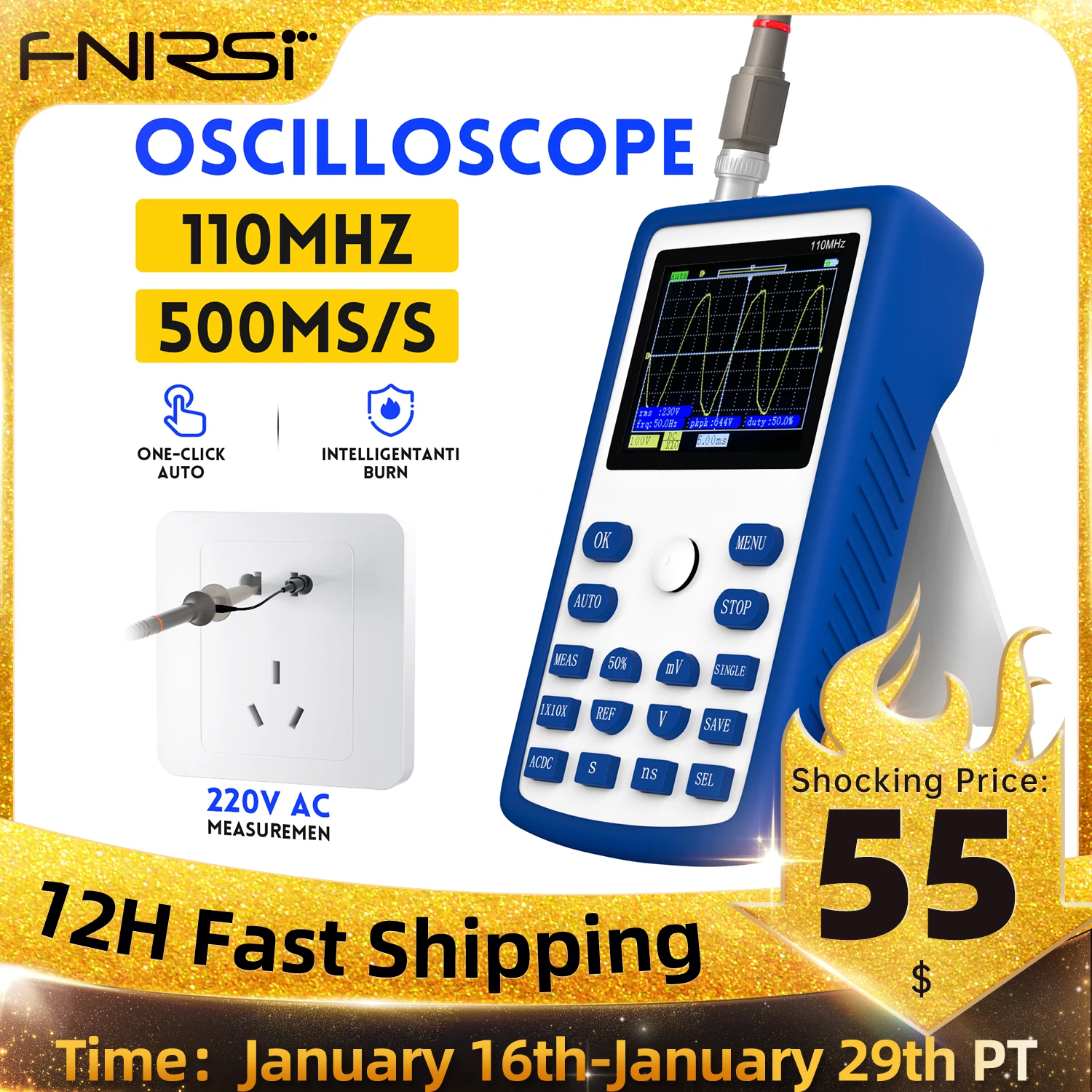 FNIRSI 1C15 전문 디지털 오실로스코프 500 MS/s 샘플링 속도 110MHz 아날로그 대역폭 지원 파형 저장 장치 ...