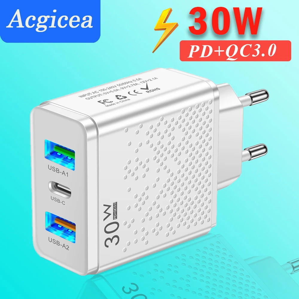 Cargador de teléfono USB PD de 30W, enchufes múltiples, carga rápida de teléfono móvil QC3.0 ...