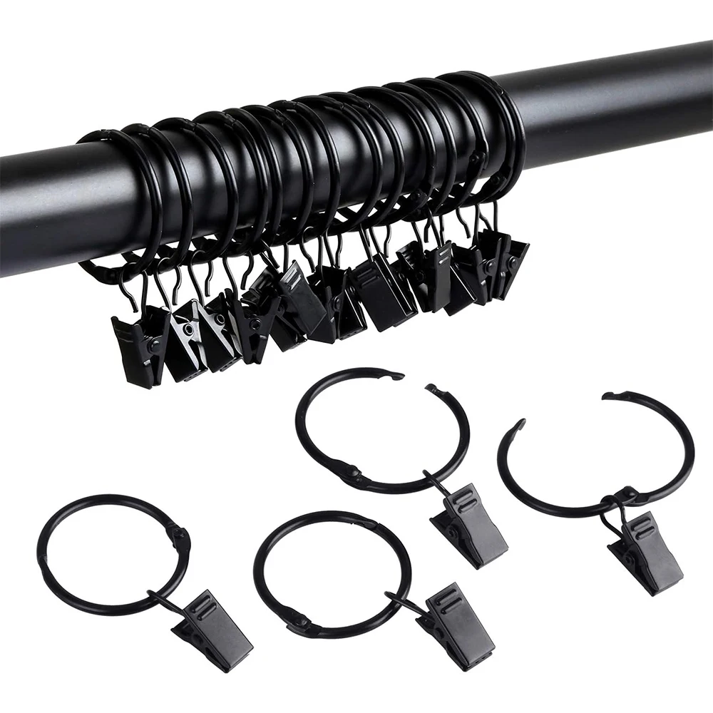 12Pcs-Curtain-Rings-with-Clips-Metal-Curtain-Hooks-Hangers-Black ...