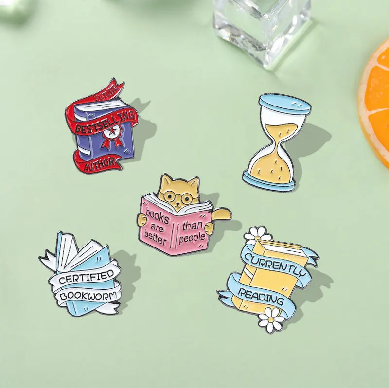 Book-Enamel-Pins-Book-Quote-Banner-Brooches-Hourglass-Badges-Reader ...