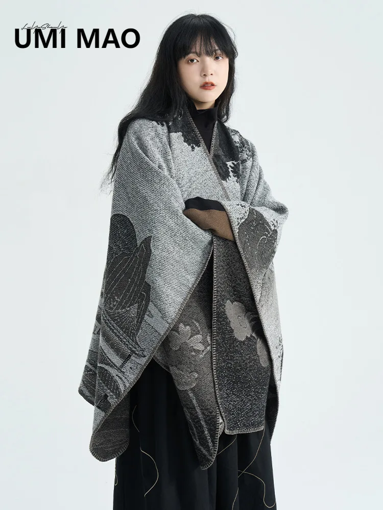 UMI MAO Yamamoto Dark Double Sided Japanese Pattern Shawl Autumn Winter ...