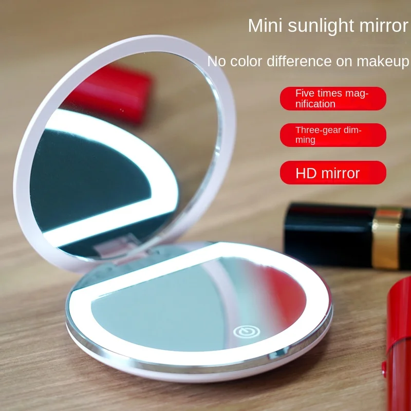 Mini espejo de maquillaje LED compacto portátil con luz portátil ...