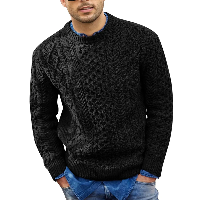 Men Vintage Round Neck Solid Color Male Fit Knitted Pullover Loose Sweaters
