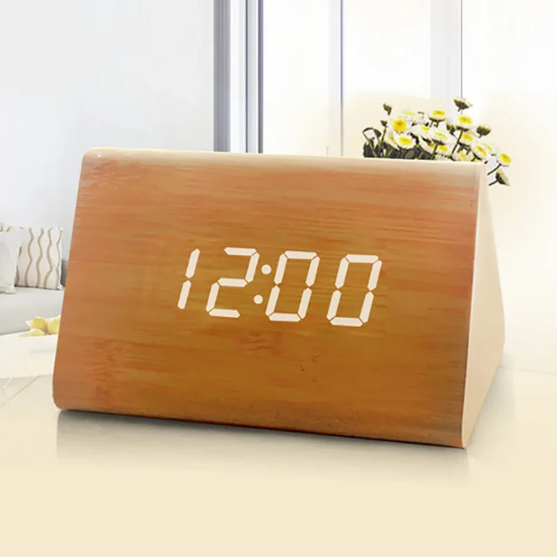Digital Clock LED Wooden Alarm Clock Table Sound Control Electronic ...