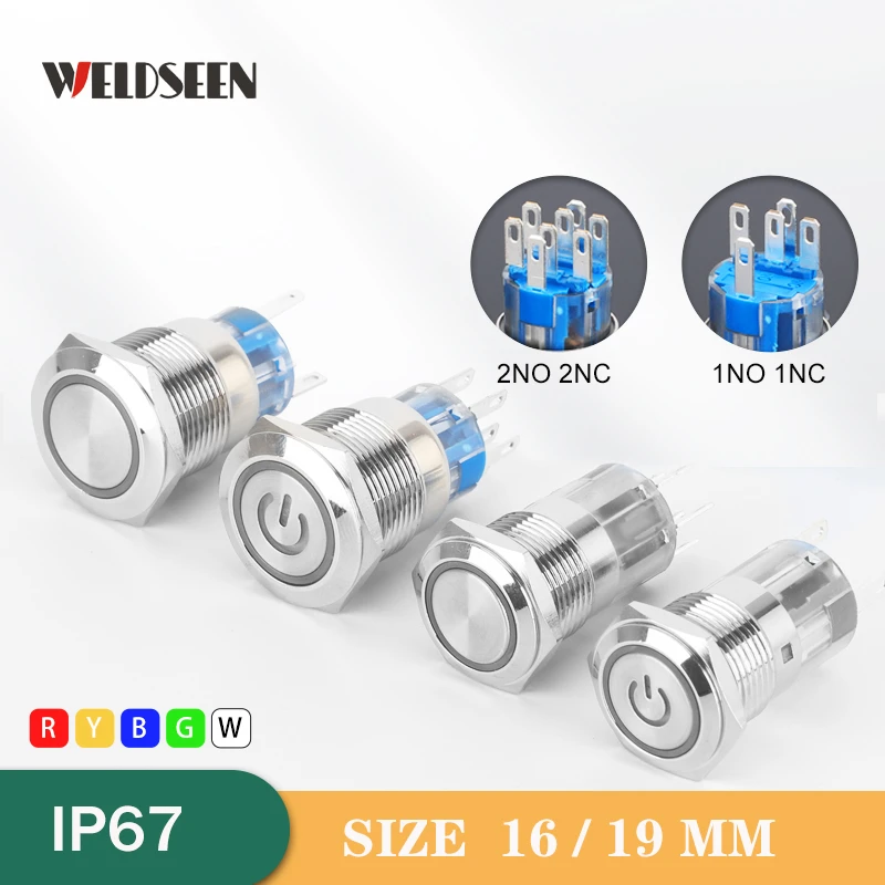 16/19mm Metal Push Button Switch 2no 2nc Momentary Latching Fixed Electric Power Led Light 3v 6v ...