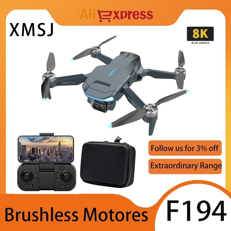 XMSJ 2023 New F194 Mini Brushless GPS Drone Professional 8K HD Dual Camera Fixed Height 5G FPV ...