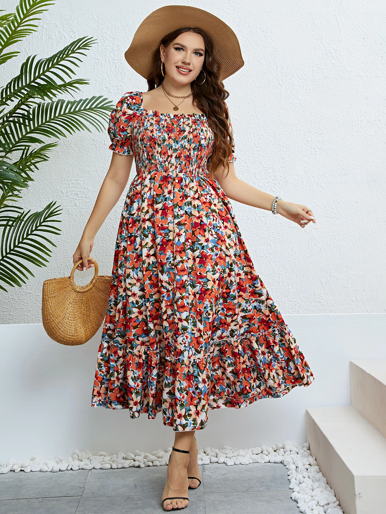 Plus-Size-Women-Clothing-Puff-Sleeve-Floral-Maxi-Dress-Square-Collar-a ...
