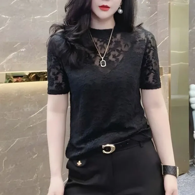 Women Summer Fashion Net Yarn Lace Solid Color O-neck Short Sleeve T ...