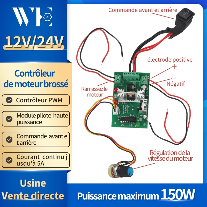 Contrôleur de moteur à courant continu brossé, 12V, 24V, avant et ...