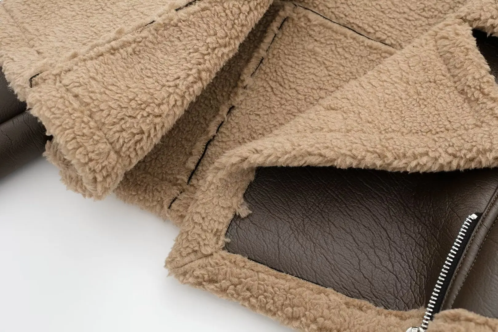 TRAF Warm Thicken Faux Lambswool Women Loose Jacket Patchwork PU Coats ...