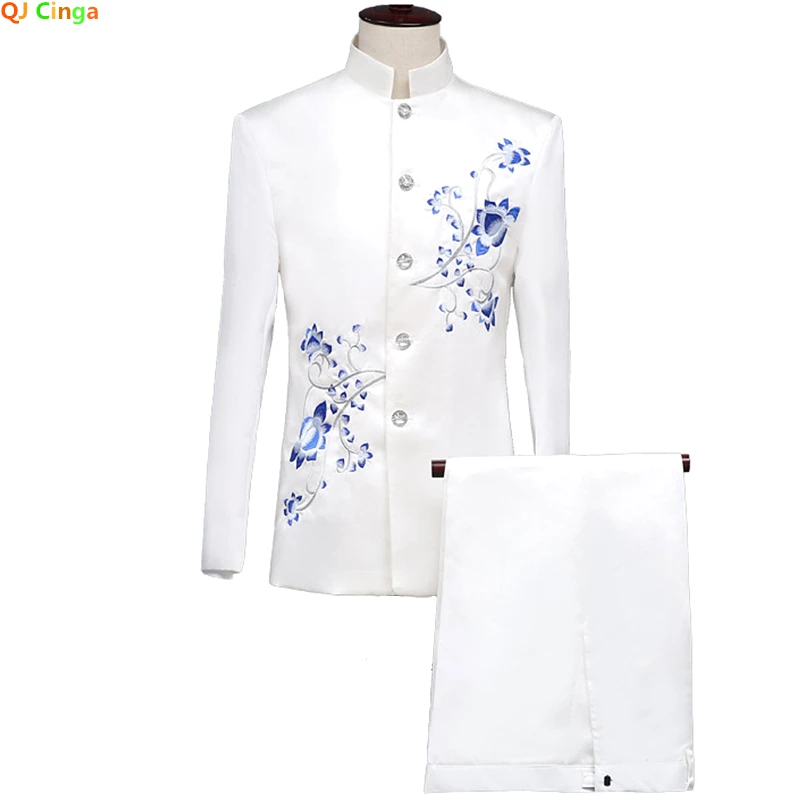 White Embroidered Diamond Suit Men Wedding Groom Tuxedo Suits Man Stand ...