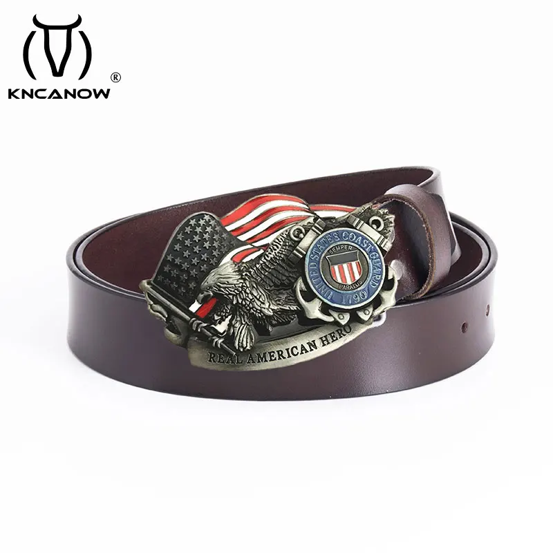Men Genuine Leather Belt Real American Hero Police Buckle Cowboy Metal ...