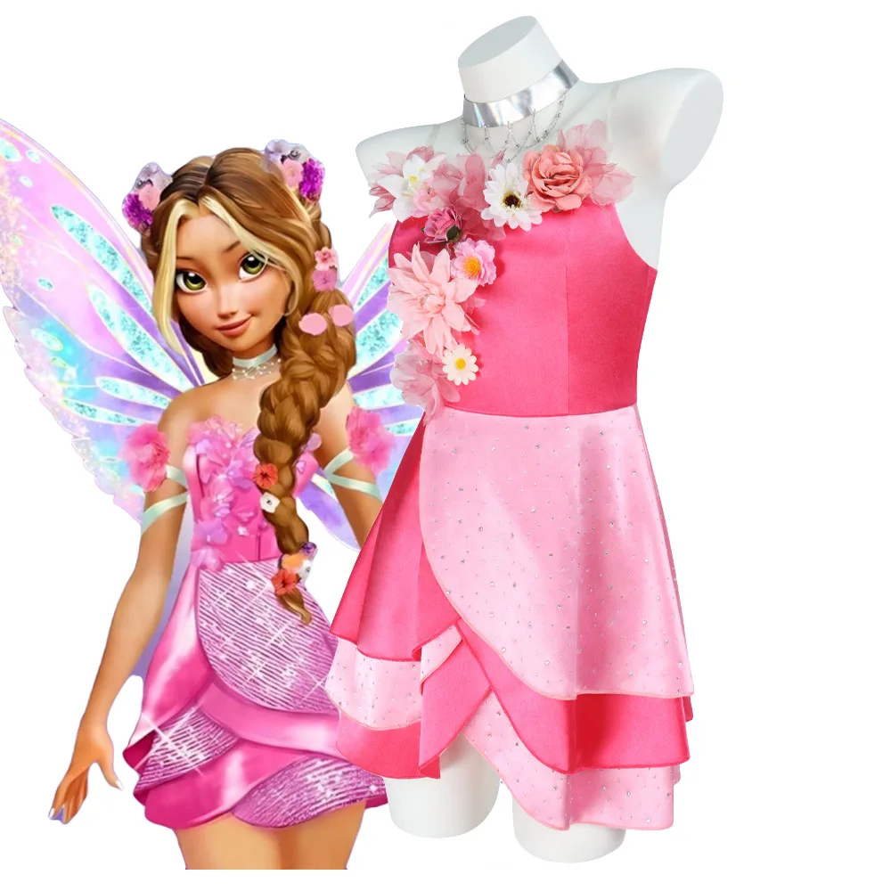 Flora Fee Cosplay Rosa Kleid Halskette Bunte Flawers Prop Set Kostüm ...
