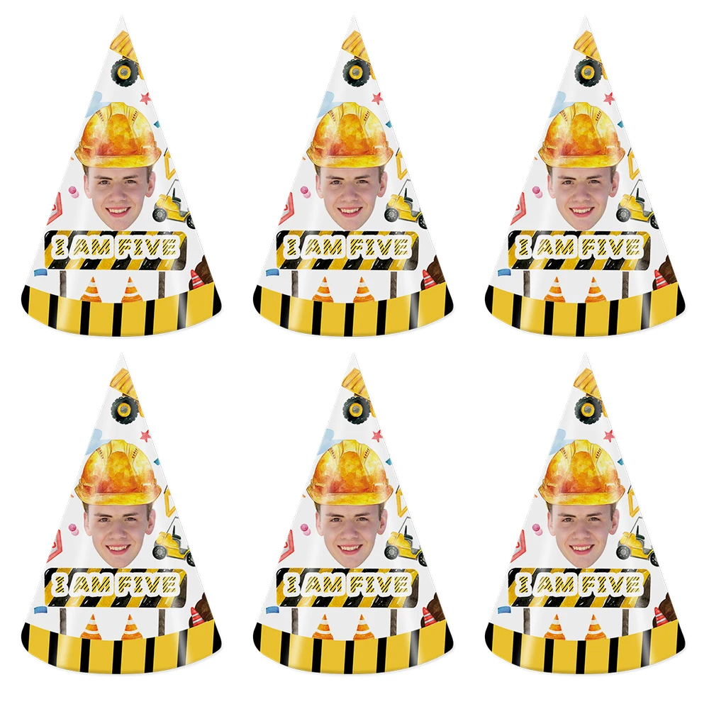 6pcs Custom Construction Themed Party Face Photo Paper Birthday Hat ...