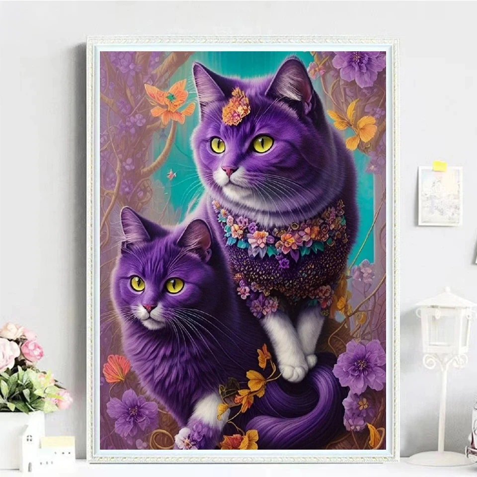 Full-Diamond-Mosaic-Purple-Flowers-Cat-Diamond-Painting-Cross-Stitch ...
